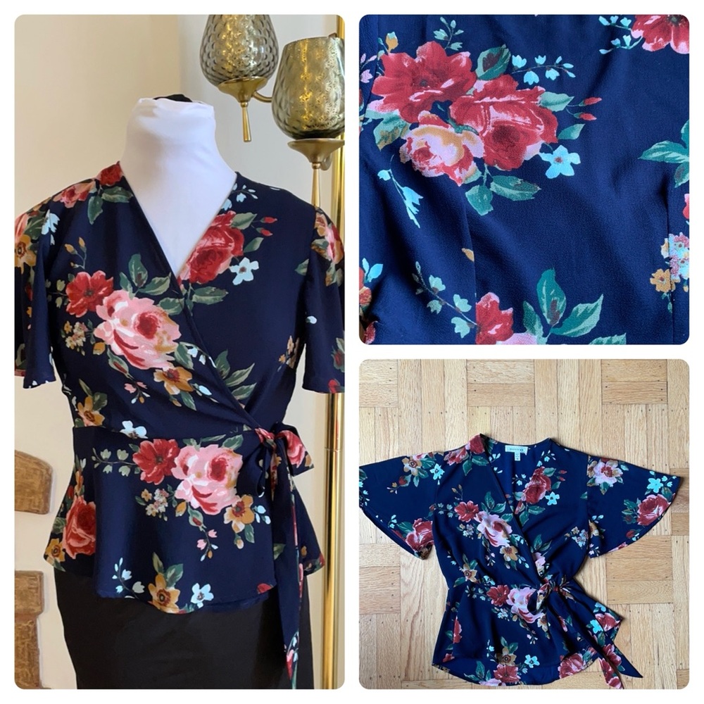 Monteau Wrap Flutter Sleeve Peplum Floral Blouse - Gem